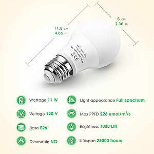 Grow Light Bulbs, LED Grow Light Bulb A19, Full Spectrum Light Bulb, Grow Bulb E26 Base, 11W Plant Light Bulbs 100W Equivalent, Grow Light Bulb for Indoor Plants, Flowers, Greenhouse, 2 Pack