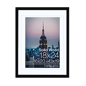 Frame Amo 18x24 Black Solid Wood Poster Frame, White Multi Mat for 13x19 and 16x20 Image, 1 inch Wide, Acrylic Front