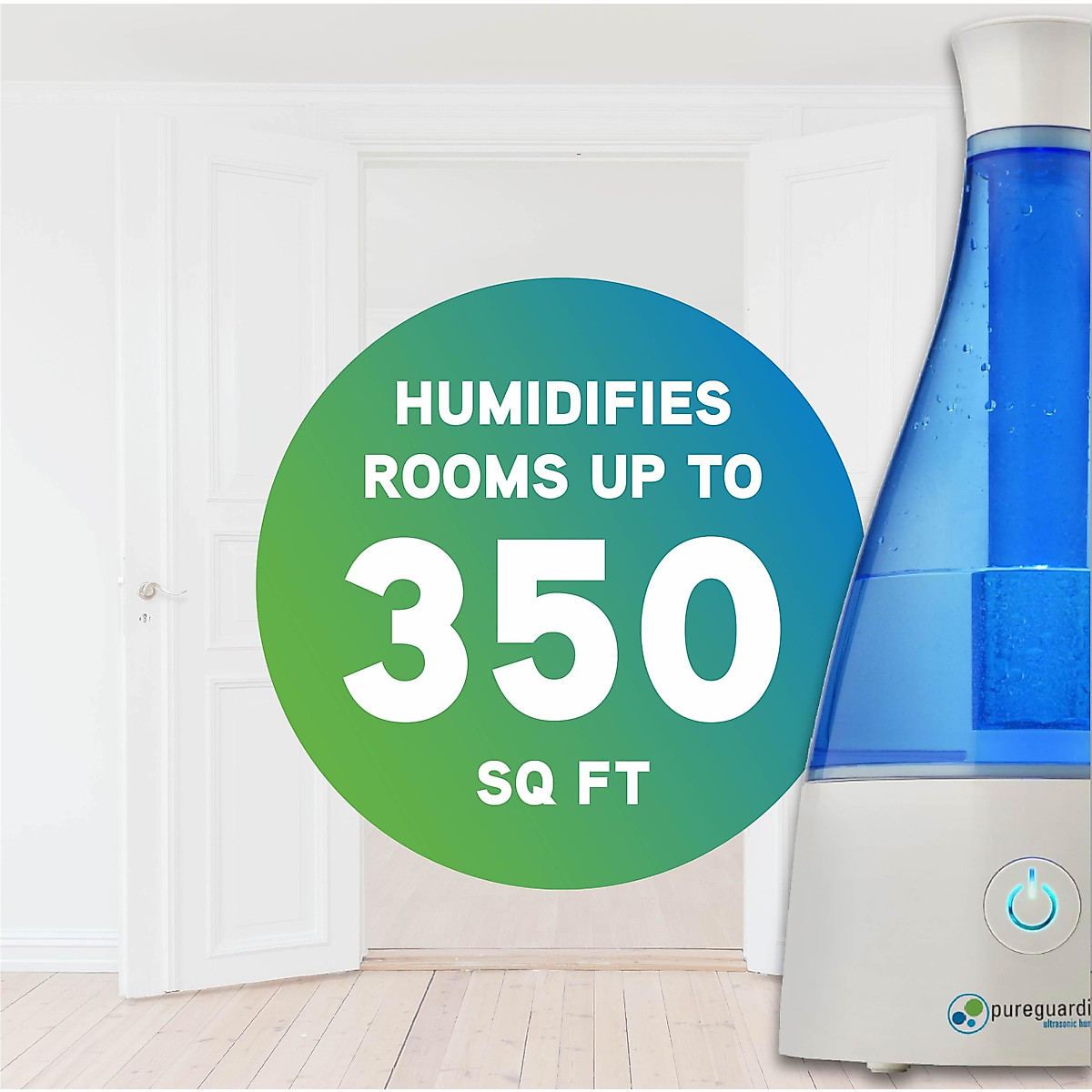 PureGuardian Ultrasonic Cool Mist Humidifier, 30 Hrs. Run Time, 0.5 Gal. Tank Capacity, 350 Sq. Ft. Coverage, Small Rooms, Quiet, Filter Free, Silver Clean Treated Tank, H940AR