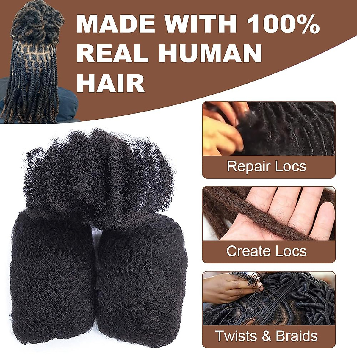 Premium Afro Kinky Bulk Human Hair 100%, Afro Kinkys Human Hair Bulk For Dreadlock Extensions, Repair Locs, Create dreadlocks. Can Dye and Bleach, 8 Inch 30g/pack
