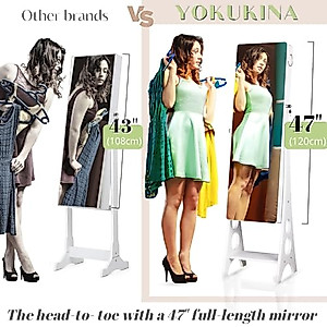 YOKUKINA Mirror Jewelry Cabinet Standing, Large Storage Jewelry Armoire, Full-Length Frameless Mirror with Jewelry Storage, 12 LED Lockable Standing Jewelry Organizer (White)