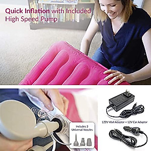 EnerPlex Kids Inflatable Travel Bed with High Speed Pump, Portable Air Mattress for Kids on The Go, Blow up Toddler Travel Bed with Sides – Built-in Safety Bumper - Pink