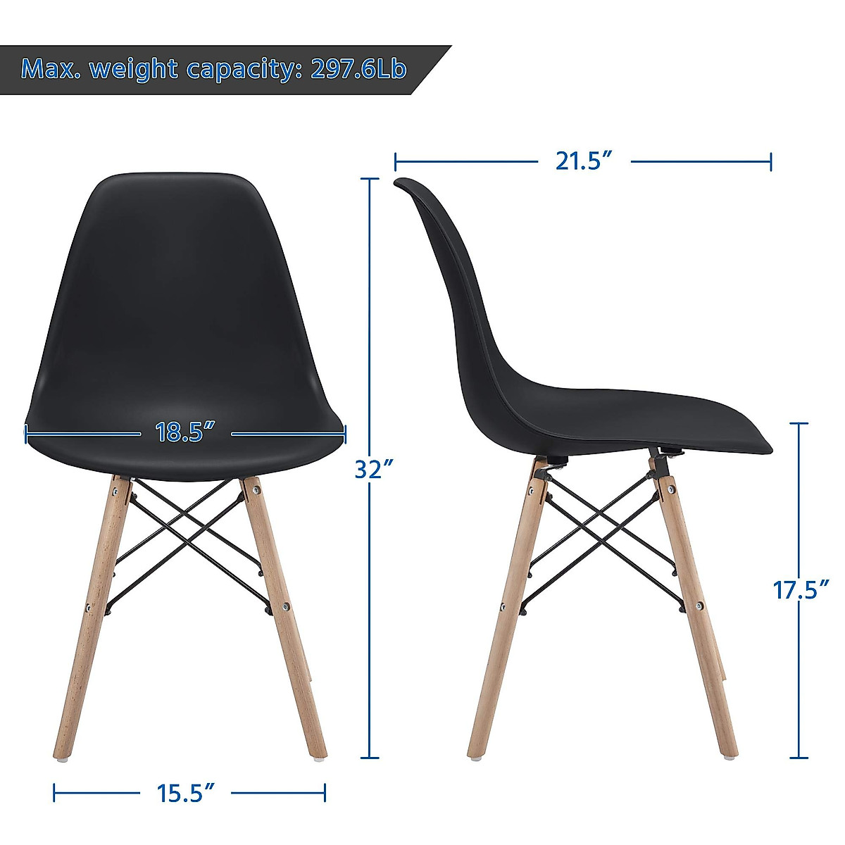 Yaheetech Dining Chairs Modern Mid Century Chairs DSW Shell Eiffel Armless Side Chairs for Kitchen Living Room Lounge, Black, 4pcs