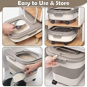 SSAWcasa Rice Storage Container, 20-30Lbs Airtight Large Food Storage Containers with Wheels, Scoop & Measuring Cup, Collapsible Kitchen Flour Bin, Dry Food Storage Holder for Rice Pet Food