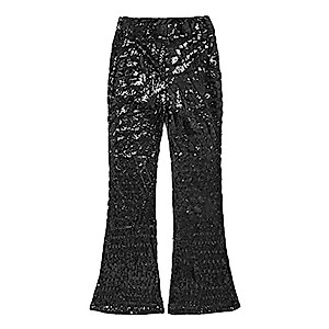 XBTCLXEBCO Sequin Bell Bottoms for Women Glitter High Waist Wide Leg Palazzo Pants Casual Sparkle Flared Trousers Disco Pants (Black, X-Large)