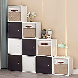 Jossens 11 Inch Fabric Baskets with Leather Handles,Foldable Cubes Storage Bins Set of 4 for Cube Organizer Home Toy Nursery Closet Bedroom(Khaki)