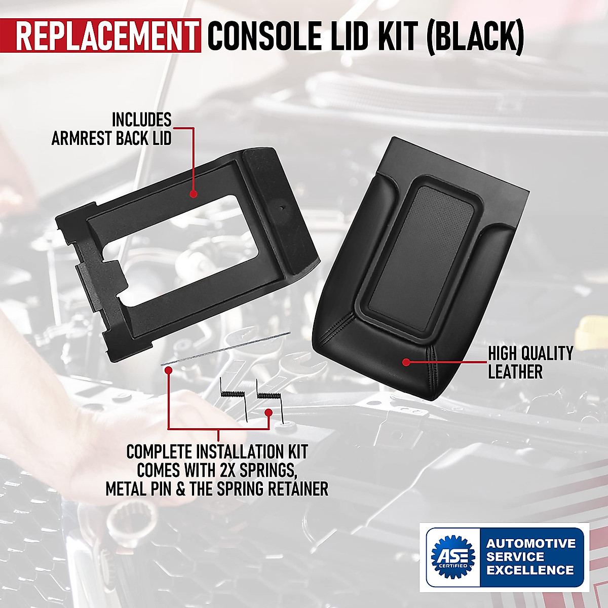 Center Console Lid Replacement Kit Black - Replaces 924-811, 19127364, 19127365, 19127366 - Compatible with Chevy, GMC & Cadillac Vehicles - Silverado, Avalanche, Tahoe, Suburban, Sierra, Yukon