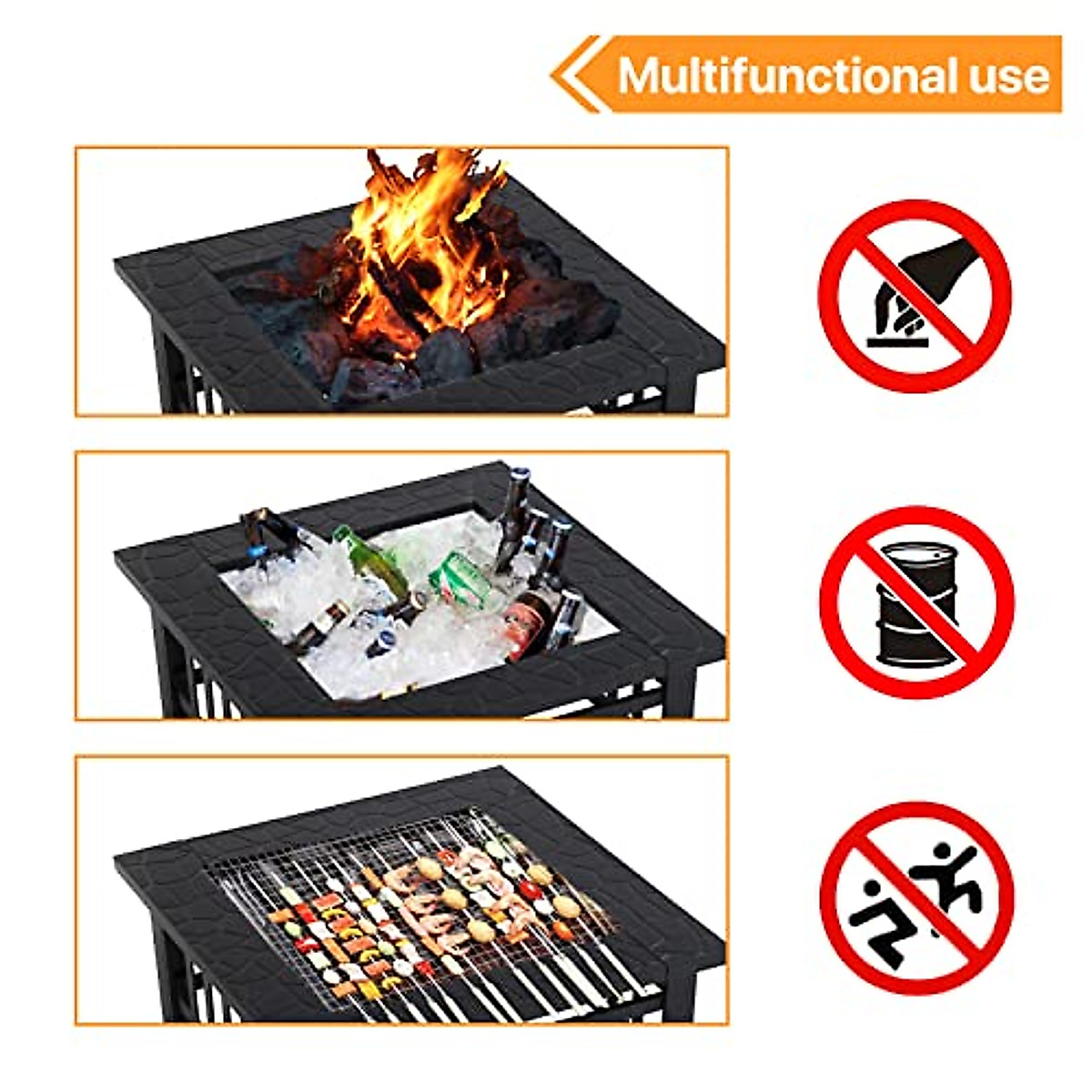 Hkeli 32 inches Fire Pit Square Metal Fire Pit Firepit Outdoor Multifunctional Fire Pit Table Wood Burning Fireplace with Spark Screen & Safety Poker for Patio Backyard Garden, black