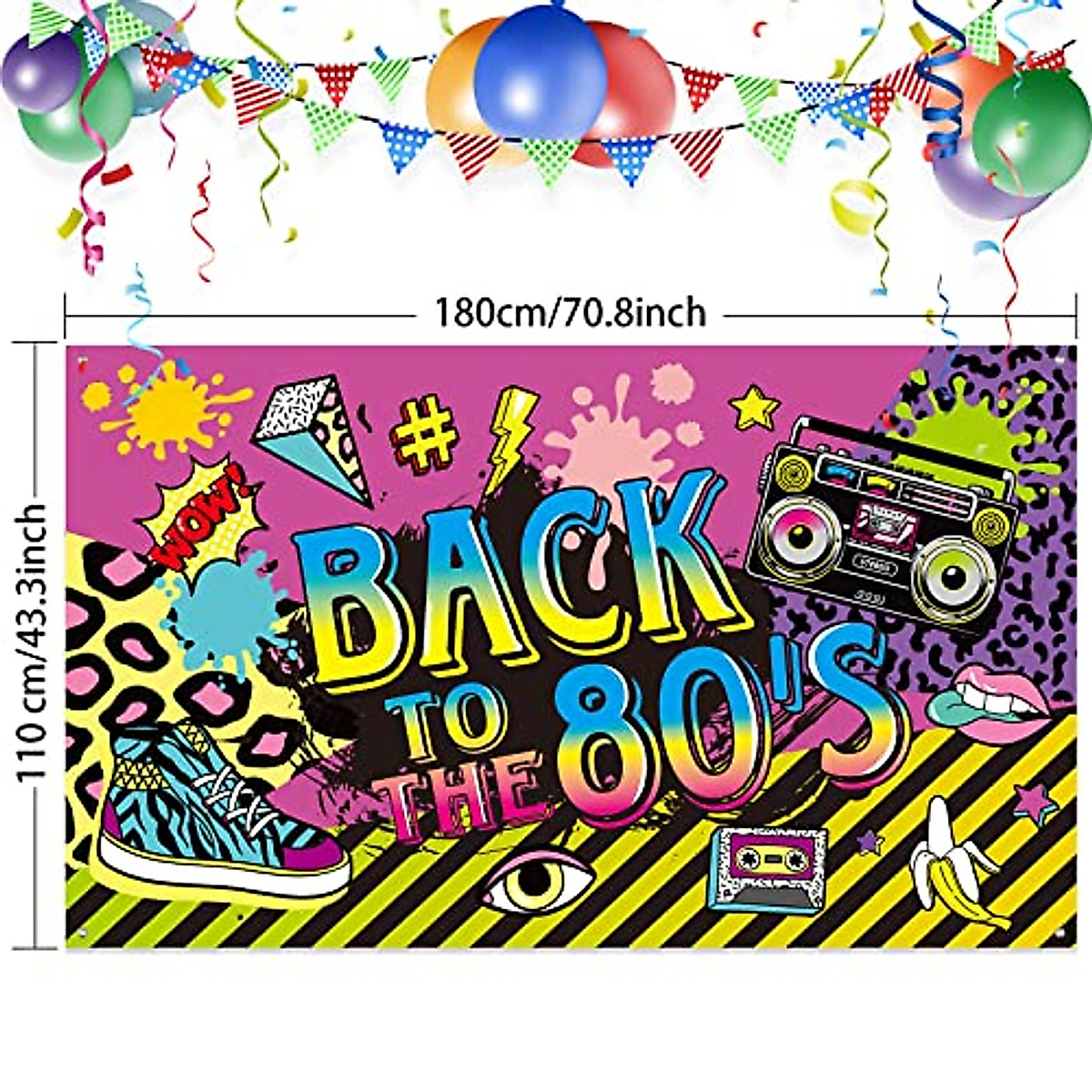 80's Party Decorations, Extra Large Fabric Back to The 80's Hip Hop Sign Party Banner Photo Booth Backdrop Background Wall Decorating Kit for 80's Party Supplies, 70.8 x 43.3 Inch