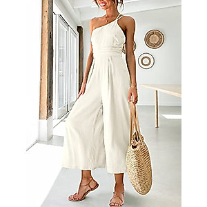 ANRABESS Women's Summer Straps One Shoulder Dressy High Waist Casual Wide Leg Jumpsuit Romper with Pockets 502mibai-L