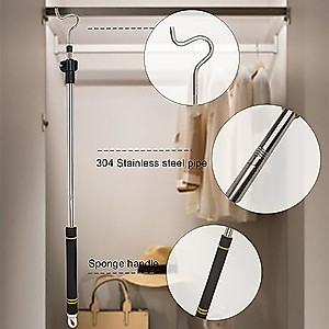 Greeily Clothes Hanger Reaching Hook Telescopic Adjustment clothes hook pole Light and can Extend from 37" to 65" with 4.7 "Hook and Sponge Handle.