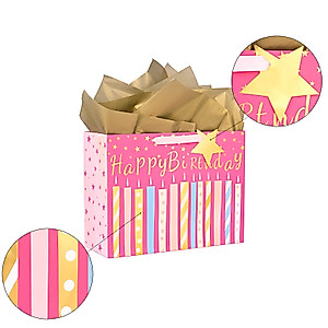 MAYPLUSS 16" Birthday Large Gift Bag with Greeting Card and Tissue Paper for Birhtday - Pink Gold Foil Candle Design