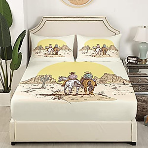 Erosebridal Cowboys Fitted Sheet Full Wild West Bed Sheets for Men Women Kids American Western Riding Horses Sunset Mountain Cactus Cowgirl Sheets Cartoon Hand Drawn Yellow Brown Bedding Set