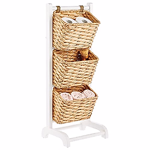 mDesign Water Hyacinth 3-Tiered Storage Baskets Floor Stand with Market Basket Storage Bins - Vertical Standing Rack for Living Room, Laundry, Bedroom, Bathroom, Office Organization - White/Natural
