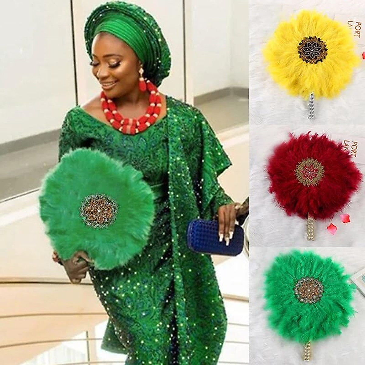 1PC Turkey Feather Hand Fan with Stones Feathers One-Sided Fan African For Dance Wedding Decoration