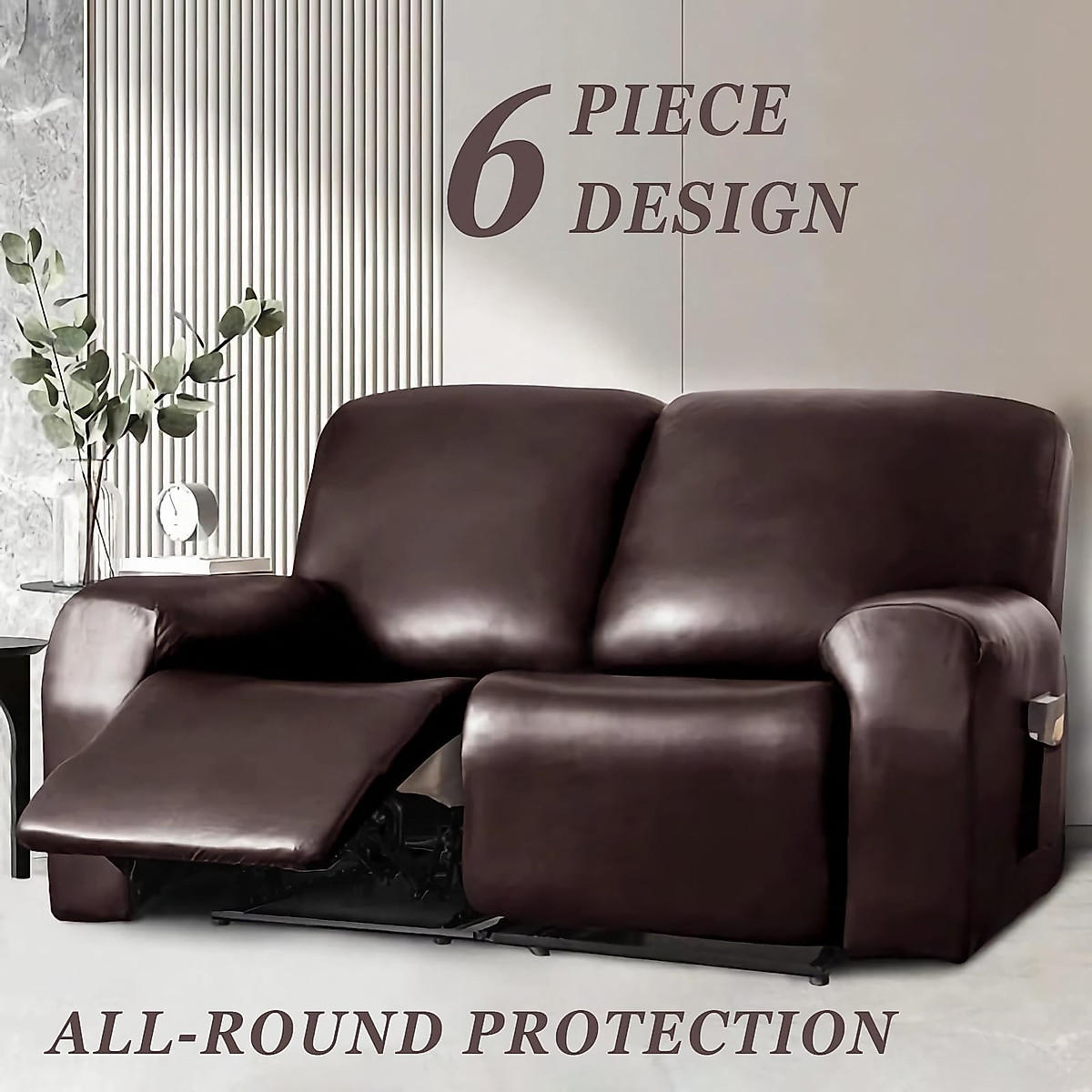 JOKIVTOU 1/2/3 Seats PU Leather Stretch Recliner Cover Sofa Cover with Side Pockets Waterproof Slipcover Recliner Couch Cover Furniture Protector with Elastic Bottom Living Room