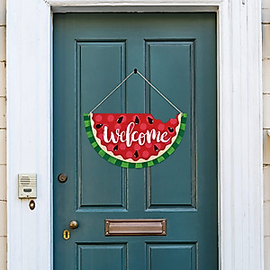 Jetec 2 Pieces Summer Watermelon Hanging Sign Shape Welcome Wooden Door Sign Hanging Plaque Rustic Wall Sign Yard Indoor Outdoor Garden Decoration with Rope, 13.4 x 6.9 Inch