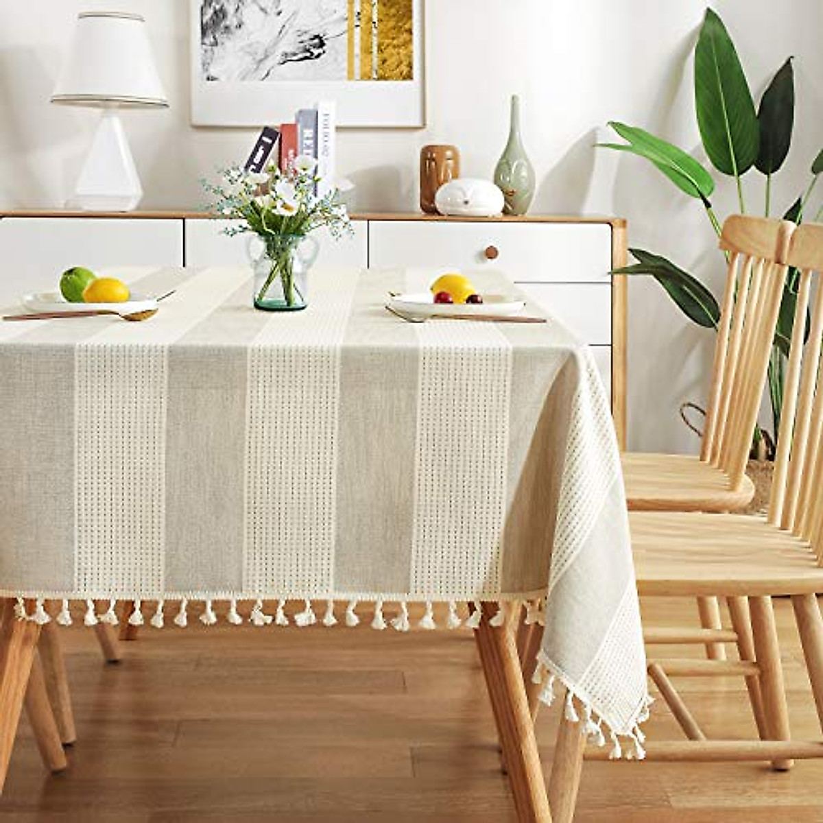 AmHoo Stitching Tassel Tablecloth Striped Table Cloth Rectangle Cotton Linen Dust-Proof Table Cover for Kitchen Dinning 54 x 70 Inch Beige