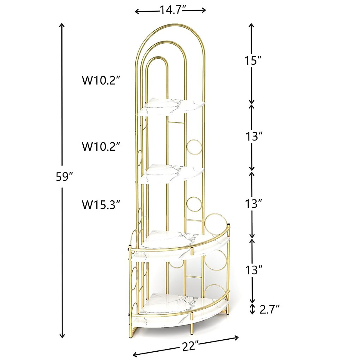 AMZOSS 4-Tier Corner Shelf Stand, Gold and White Corner Shelves Display Shelf Bookshelf Bookcase Modern Marble Multi Unit Organizer for Living Room, Bathroom, Kitchen, 15.3" D x 22" W x 59" H
