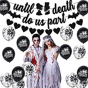 Black Glitter Till Death Do Us Part Banner Black Glitter Heart-Shaped Garland Cake Topper Latex Balloons Halloween Wedding Party Decorations Halloween Bachelorette Bridal Shower Decorations Halloween Engagement Party Supplies
