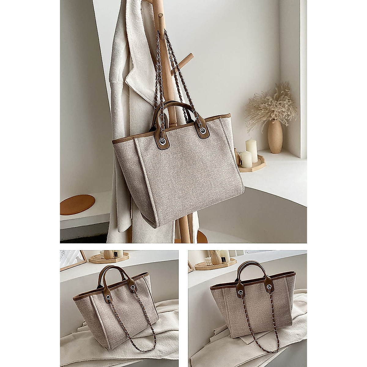 XACKWUERO Women Fashion Classic Canvas Bag Large-Capacity Shoulder Handbag Tote Shopper Bag with Chain Shoulder Strap (Khaki)