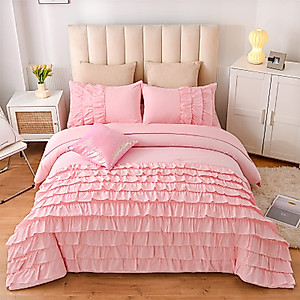 A Nice Night Waterfall Flutter Ruffle Comforter Set,Ruffled Textured Soft Chic Princess 6pcs Bedding Set,with Bling Shiny Sequin Throw Pillow Case,Pink,Twin