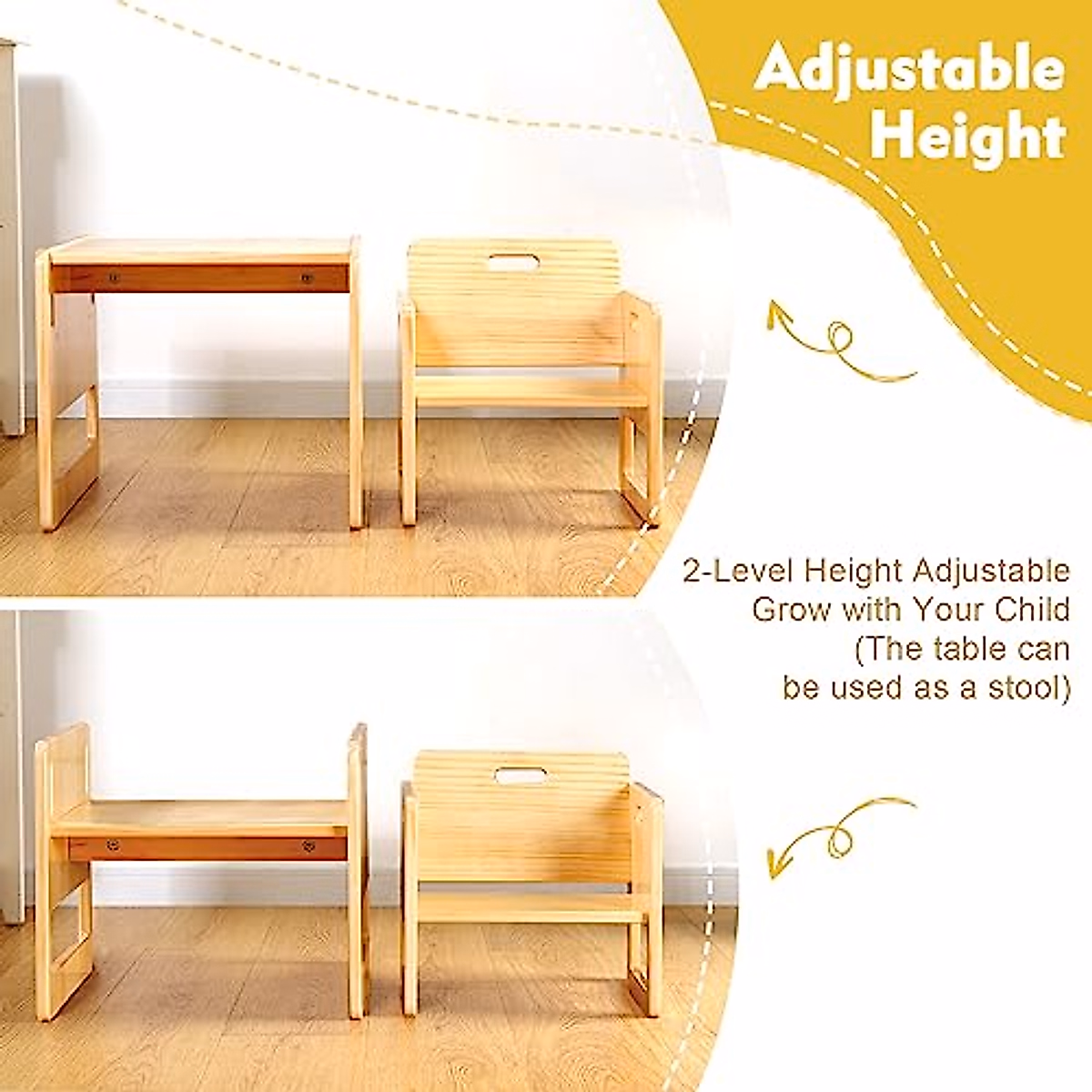 FUNLIO Montessori Weaning Table and Chair Set for Toddlers Age 1-3, Height Adjustable Toddler Table and Chair Set, Cube Kids Table Chair for Reading/Eating/Playing, Easy to Assemble, CPC Certified