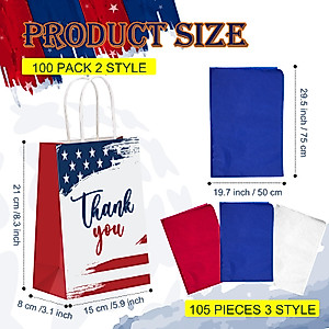Ctosree 100 Pcs Veterans Thank You Gifts Bag 105 Pcs Red Blue White Tissue Paper 4th of July Bags with Handles American Flag Paper Treat Goodie Bag for Patriotic Memorial Day Independence Day Party