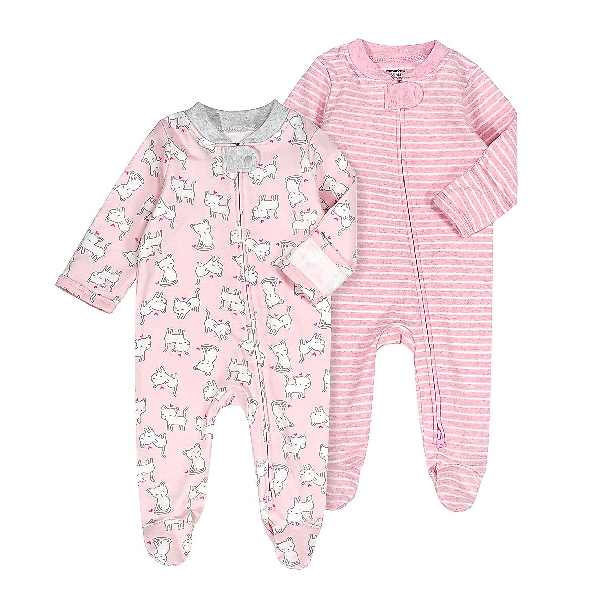 Teach Leanbh Baby Boys Girls Footed Pajamas with Mittens Cotton Long Sleeve 2 Way Zipper Romper Jumpsuit Sleep and Play 0-12 Months (Pink stripes/Cat, 0-3 Months)