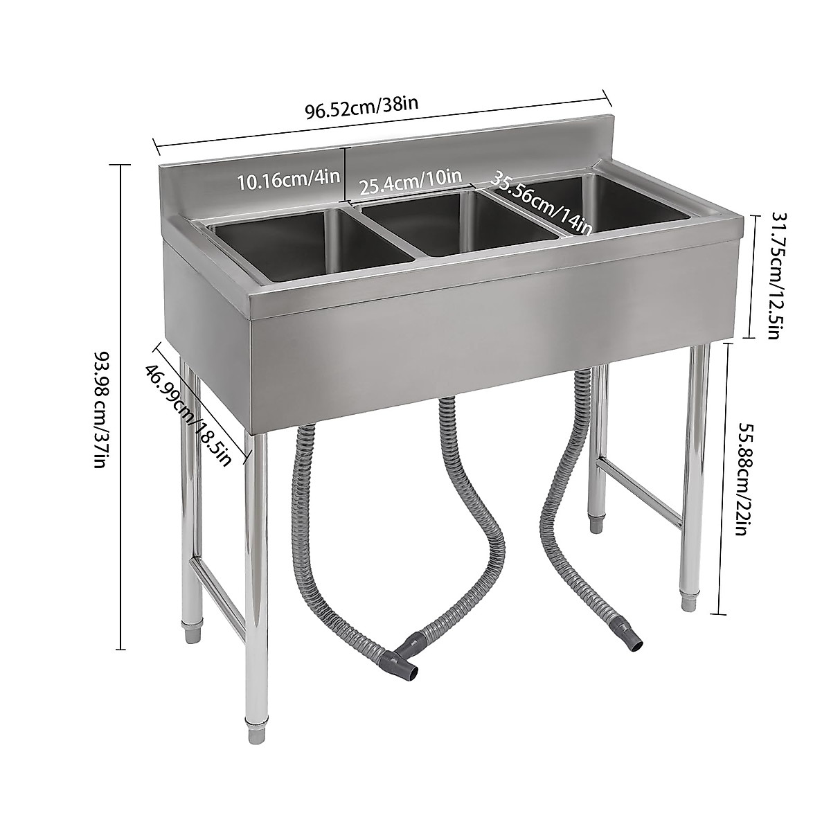 TBVECHI Free Standing Stainless Steel Kitchen Sink, Three Bowls Commercial Restaurant Utility Sink Set w/Hot and Cold Water Faucet, Prep & Utility Washing Hand Basin Sink w/Workbench Indoor Outdoor
