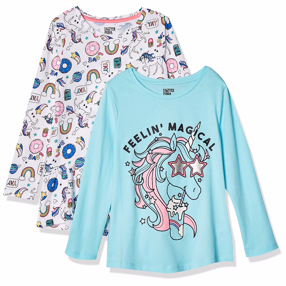Amazon Essentials Toddler Girls' Long-Sleeve Tunic T-Shirts (Previously Spotted Zebra), Pack of 2, White Doodles/Unicorn, 2T