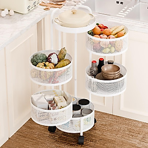 Rotating Storage Rack for Kitchen,Fruit Vegetable Basket,5 Tier Round Metal Storage Basket Shelves,Rotating Tower Organizer with Rolling Wheels for Fruit Vegetable Grocery Corns Potato Onion Black