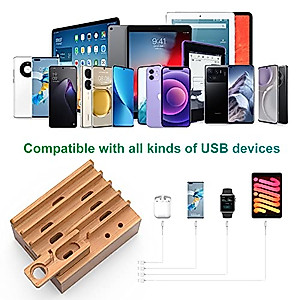 Pezin & Hulin Bamboo Charging Station for Multiple Devices (Included 5 Port USB Charger, 6 Pack Charge & Sync Cables, SmartWatch & Earbuds Stand), Electronic Device Desktop Dock Stations Organizer
