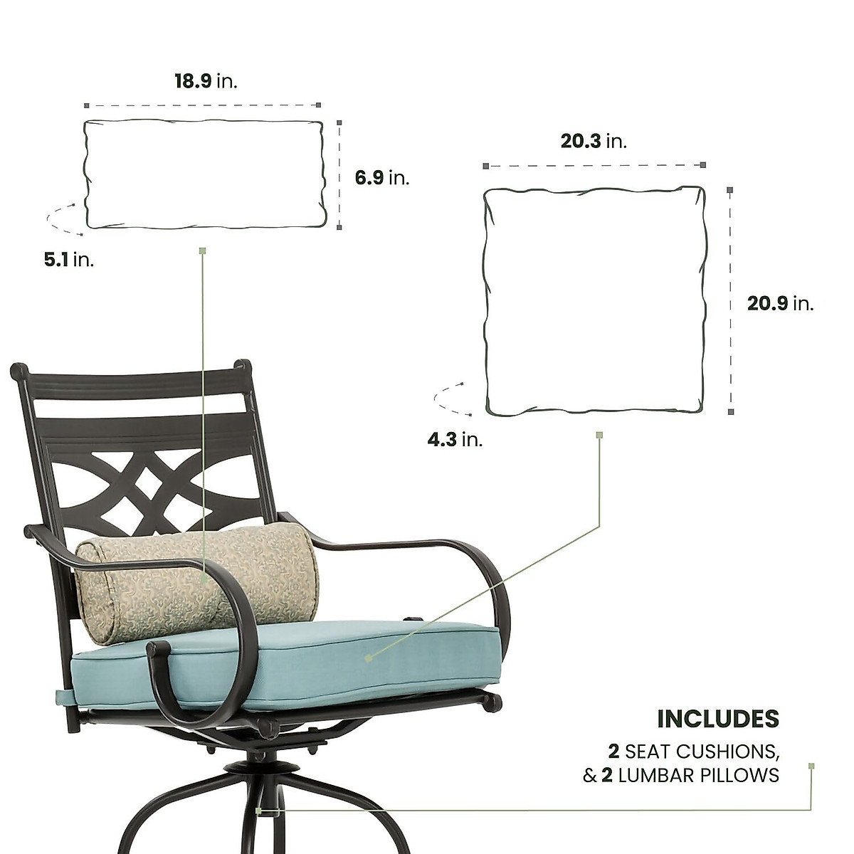 Hanover Blue Set of 2 Replacement Accent Montclair High Bar Chairs in Ocean, Weather-Resistant Seat Cushions and Lumbar Pillows for Outdoor Dining Set, 2pc