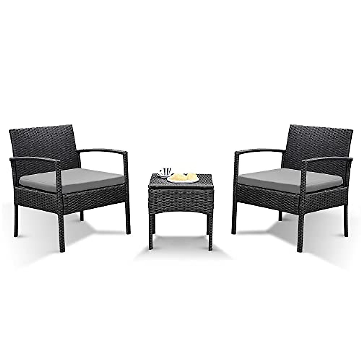 PROHIKER 3 PCS Patio Rattan Conversation Chair Set, Patio Wicker Rattan Furniture Set, Patio Wicker Rattan Table Patio Furniture Set Balcony Furniture Backyard Grey