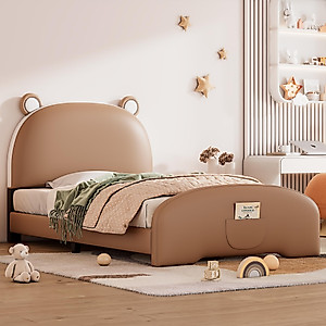 THINK 30 Twin Size Upholstered Bed Frame with Storage, PU Leatrher Platform Bed Frame with Bear-Shaped Headboard and Footboard for Boys Girls Kids Toddler, No Box Spring Needed (Brown)