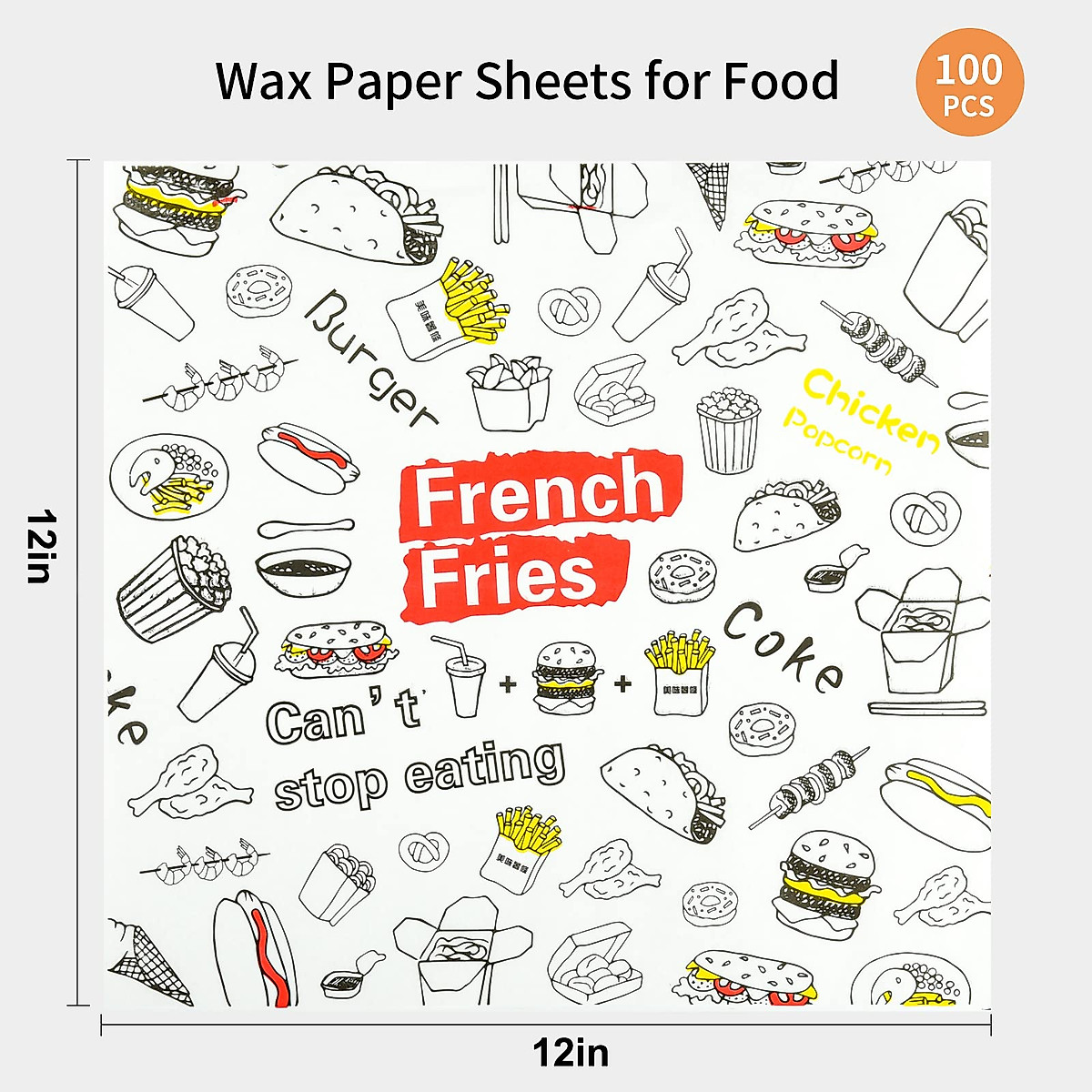 Hutuzldz 100Pcs Wax Paper Sheets for Food, Parchment Paper, Sandwich Wrapping Paper, Basket Liners Food Picnic Paper Sheets Greaseproof Deli Wrapping Sheets, 12 x 12 Inch