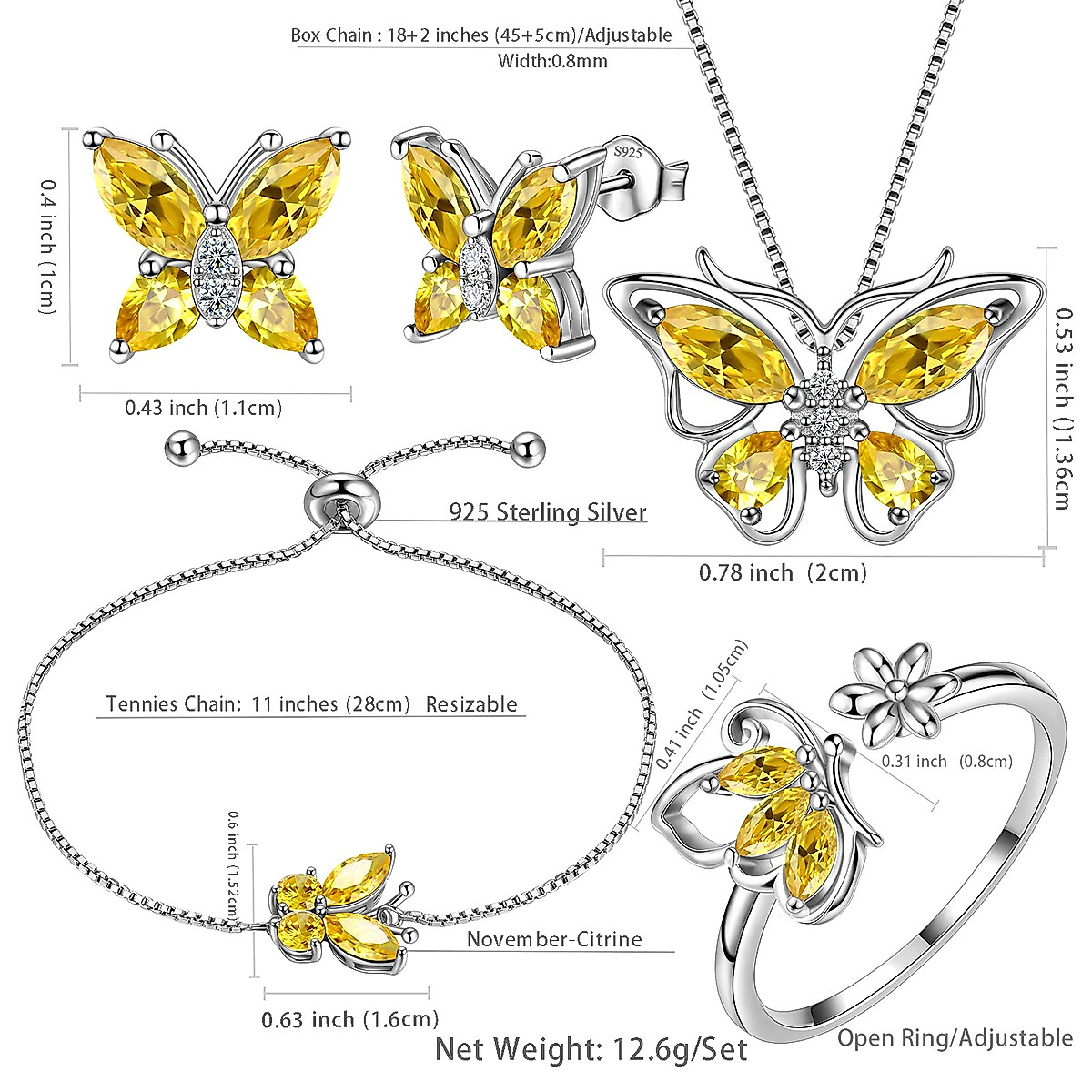 Aurora Tears Butterfly Jewelry Set,925 Sterling Silver Butterflies November-Citrine Birthstone Pendant Necklace/Earrings/Rings/Bracelets for Wedding Gift