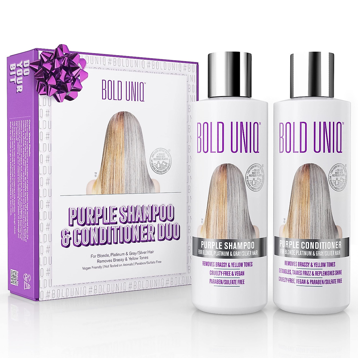 Bold Uniq Purple Shampoo, Conditioner & Purple Heat Protectant Spray Bundle. Eliminate Brassy Yellow tones. Thermal Shield Protection. Paraben & Sulfate Free. Vegan & Cruelty Free.