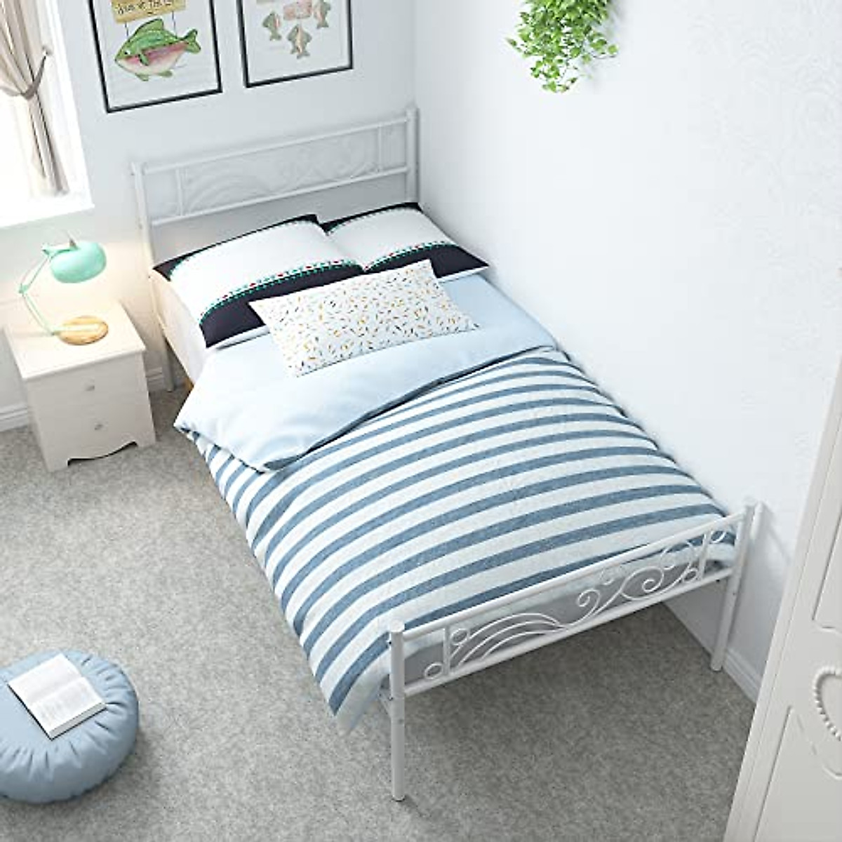 Weehom Twin Size Bed Frame with Headboard No Box Spring Needed Platform Single Bed for Kids, White