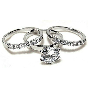 DESTINY JEWEL 3.10Ct Round Cut Diamond Solitaire Bridal Engagement And Wedding Trio Ring Set. Solid 925 Silver 14K White Gold Over Trio Ring Set. _8