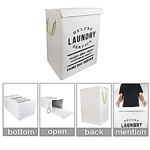 Laundry Hamper with Lid and Rope Handles,Foldable Hamper Easily Transport Laundry Basket,Linen Clothing Storage and Organization for Home Bedroom,Extra Large Capacity Toy Box,(Beige White)
