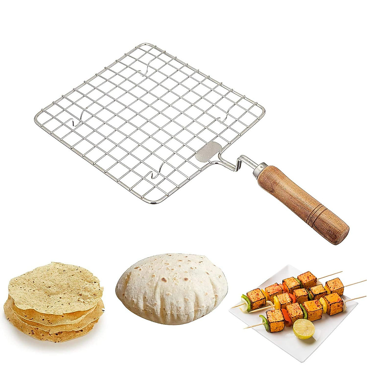 KSJONE Stainless Steel Multi-Functional Wire Steaming Cooling and Baking Barbecue Rack Square Wire Roaster Rack/Papad Jali/Roti Grill Round Shape with Wooden Handle