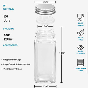 AOZITA 24 Pcs Glass Spice Jars/Bottles with Spice Labels - 4oz Empty Square Spice Containers, Condiment Pot - Shaker Lids and Airtight Metal Caps - Silicone Collapsible Funnel Included
