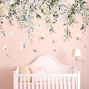 Hanging Green Leaves Wall Decals Elegant Plants Wall Stickers DIY Vinyl Peel and Stick Butterfly and Leaf Wall Art Murals for Kids Girls Bedroom Living Room Offices Nursery Closet Ceiling Vertex Line (B)