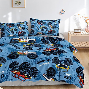 AILONEN Truck Duvet Cover Set for Boys,Blue Graffiti Truck Bedding Set Full Size for Kids Teens for Bedroom Decor,3 Piece Monster Truck Quilt Cover Set,1 Duvet Cover and 2 Pillowcases