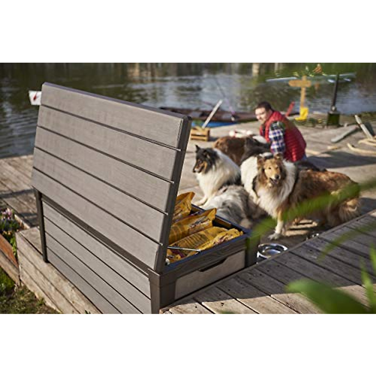 Keter Brushwood 120 Gallon Resin Large Deck Box for Patio Garden Furniture, Outdoor Cushion Storage, Pool Accessories, and Toys, Brown