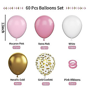 FunHot Pink and Gold Balloons, 60Pcs Retro Pink White Balloons, 12 Inch Metallic Gold Confetti Balloons Helium Light Pink Latex Party Balloons for Girls Baby Shower Birthday Princess Party Decorations