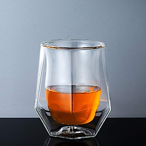 YouYah Whiskey Glasses Set of 2 - Double Walled Crystal Whisky Glasses with 4 Stainless Steel Ice Cubes & Tong,Rocks Glass,Gifts for Men,Lowball Bar Glass for Brandy,Cocktail,Vodka,Bourbon(6.7oz)