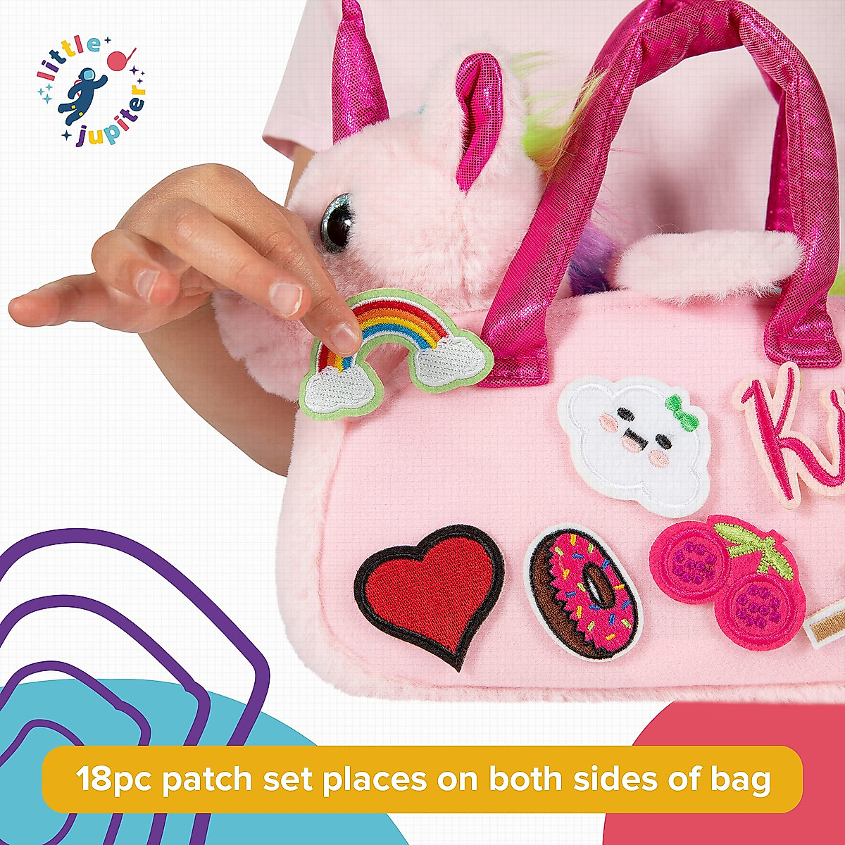 Little Jupiter Pet Plush Bag Purse Set with 18pc Removable Patch Set & Pink & Rainbow Details - Unicorn Stuffed Animals for Girls - Cute Plushie - Cute Toy Plushies - Girls Toys - Age 4-7